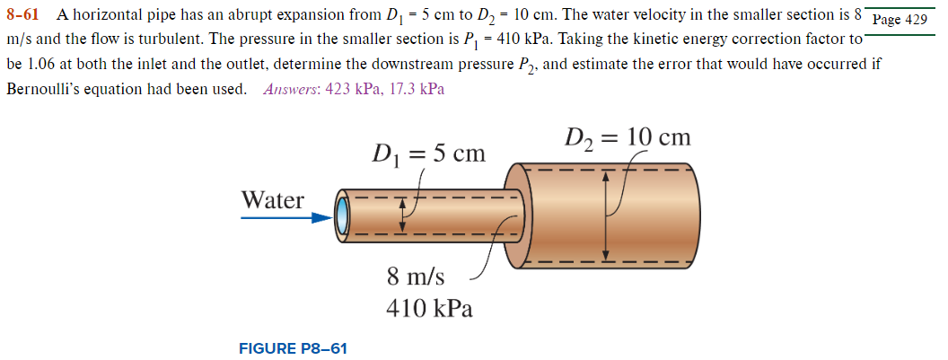 Solved 8-61 A horizontal pipe has an abrupt expansion from | Chegg.com