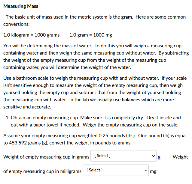 Solved Measuring Mass The basic unit of mass used in the | Chegg.com