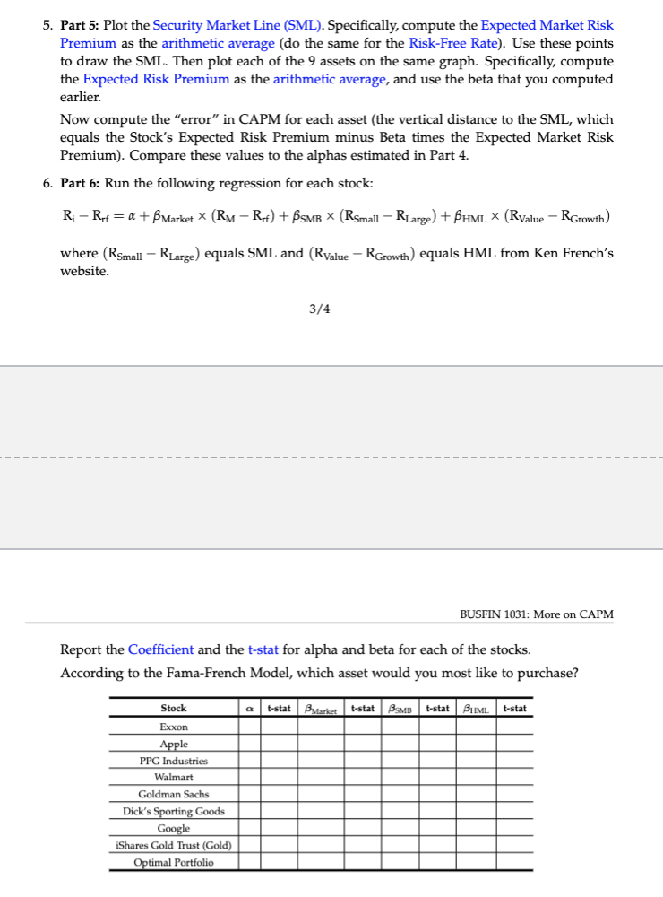 E(r) Stock Exxon Apple PPG Industries Walmart Goldman | Chegg.com