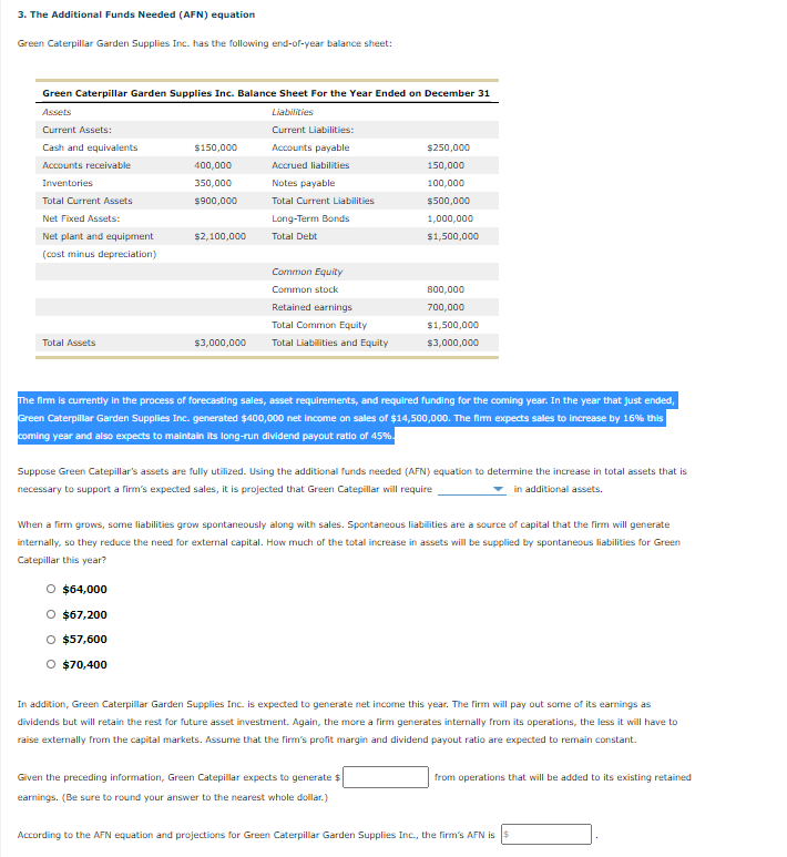 Solved 3. The Additional Funds Needed (AFN) equation Green | Chegg.com