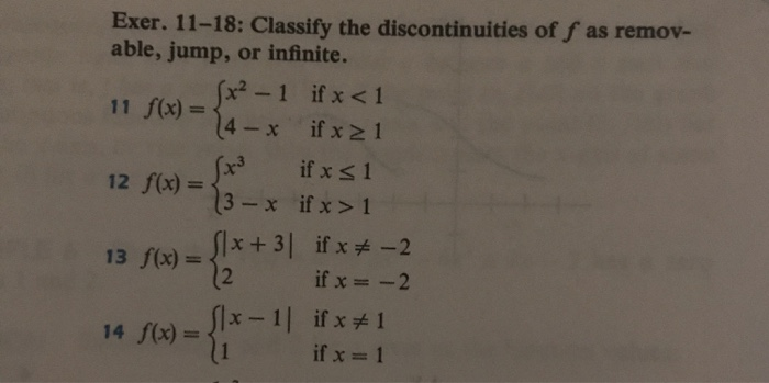 Solved Exer. 11-18: Classify the discontinuities of f as | Chegg.com Solved Exer. 11-18: Classify the discontinuities of f as | Chegg.com