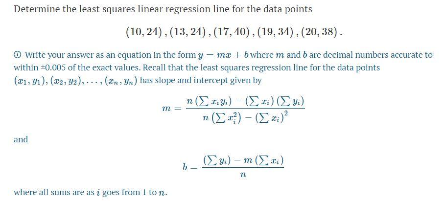 Solved Determine the least squares linear regression line | Chegg.com