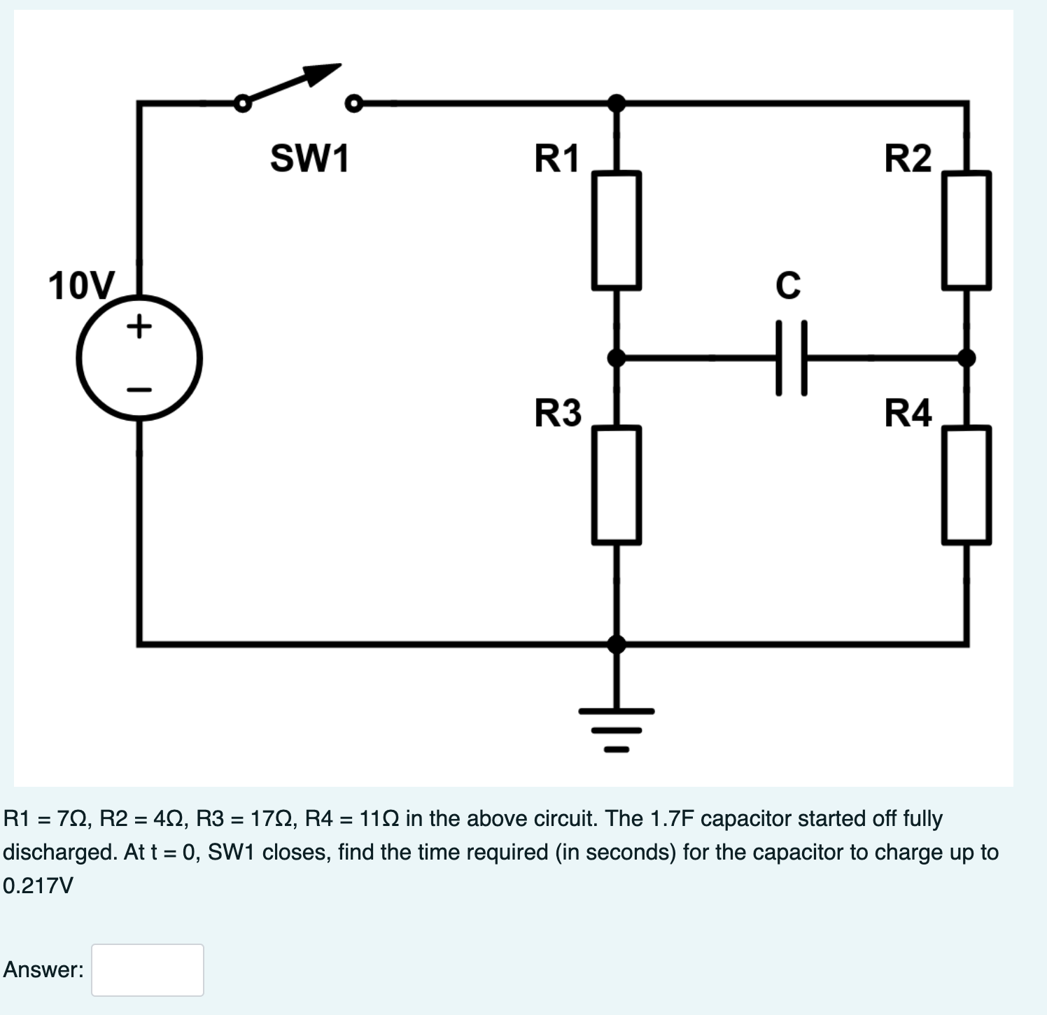 Solved SW1 R1 R2 10V С + — R3 R4 R1 = 712, R2 = 412, R3 = | Chegg.com