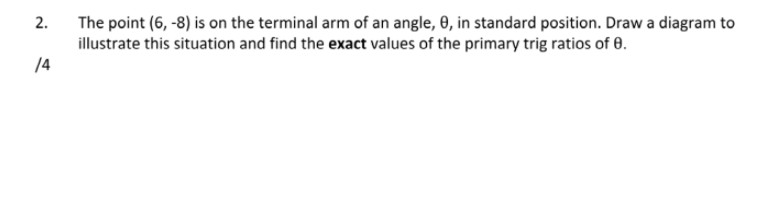 Solved 2. The point (6,-8) is on the terminal arm of an | Chegg.com