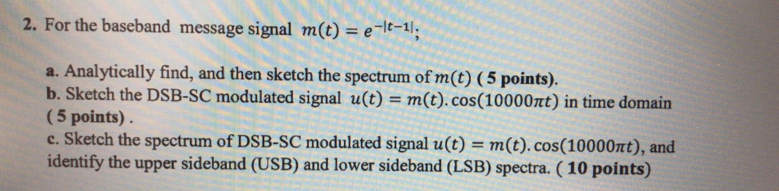 Solved 2. For the baseband message signal m(t) = e-t-11; a. | Chegg.com