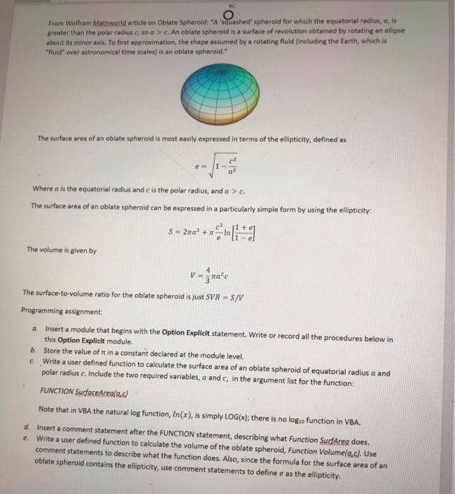 From Wolfram Mathworld article on Oblate Spheroid: "A | Chegg.com