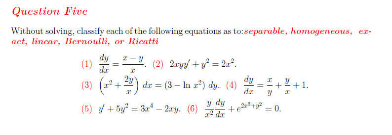 Solved Question Five Without solving, classify each of the | Chegg.com