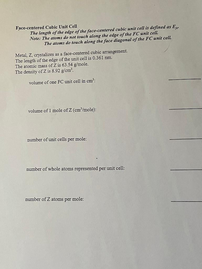 Solved Face-centered Cubic Unit Cell The length of the edge | Chegg.com