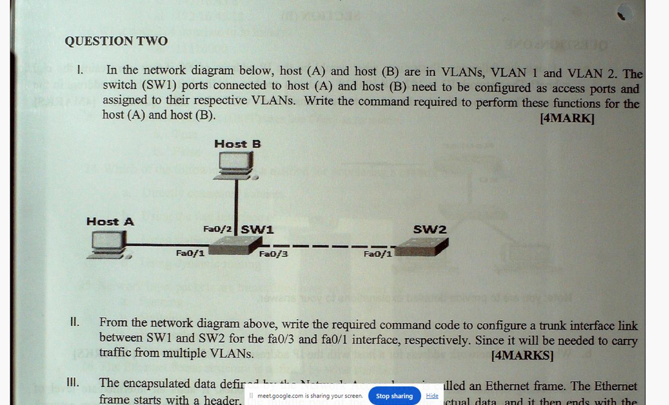 QUESTION TWOI. In the network diagram below, host (A) | Chegg.com