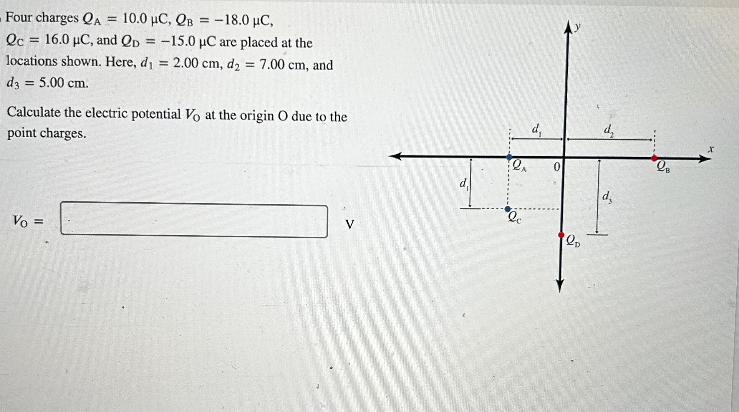 Solved Four charges QA=10.0μC,QB=-18.0μC, QC=16.0μC, ﻿and | Chegg.com
