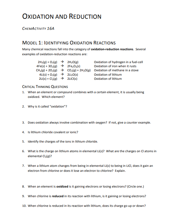 Solved Model 1: IDENTIFYING OXIDATION REACTIONS Many | Chegg.com