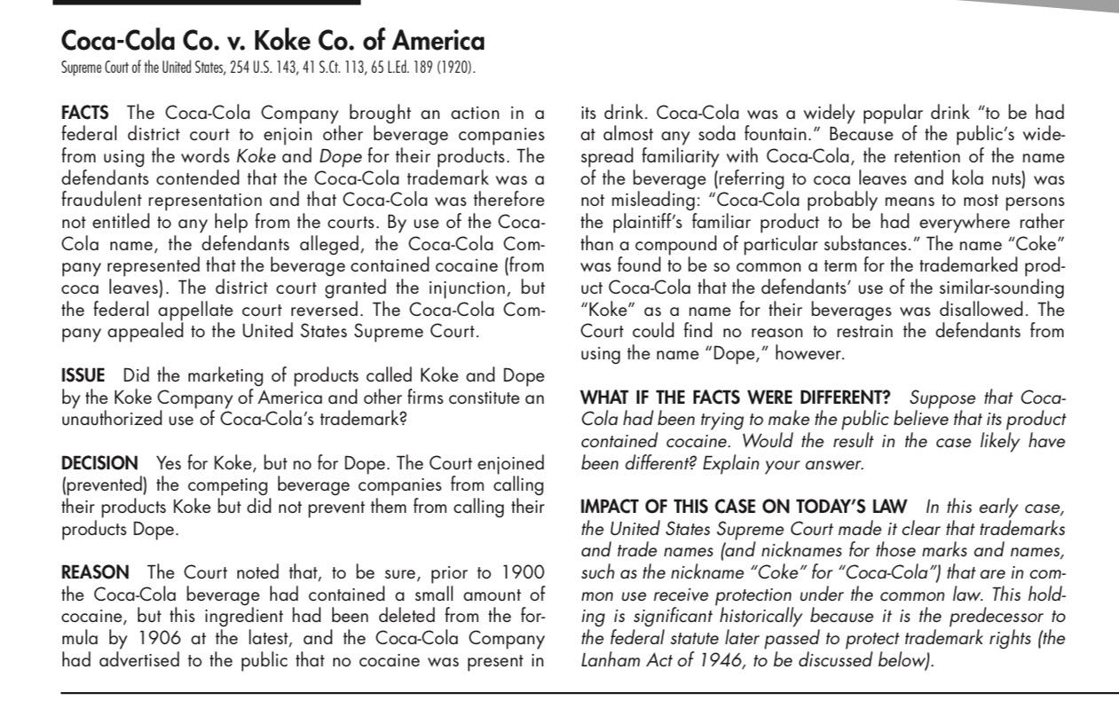 Solved The case of Coca Cola Co. v. Koke Company of America | Chegg.com