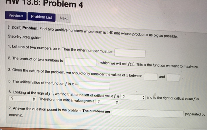 Solved HW 13.6: Problem 4 PreviousProblem List (1 point) | Chegg.com Solved HW 13.6: Problem 4 PreviousProblem List (1 point) | Chegg.com