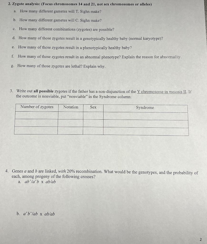 Solved 2. Zygote analysis: (Focus chromosomes 14 and 21, not | Chegg.com