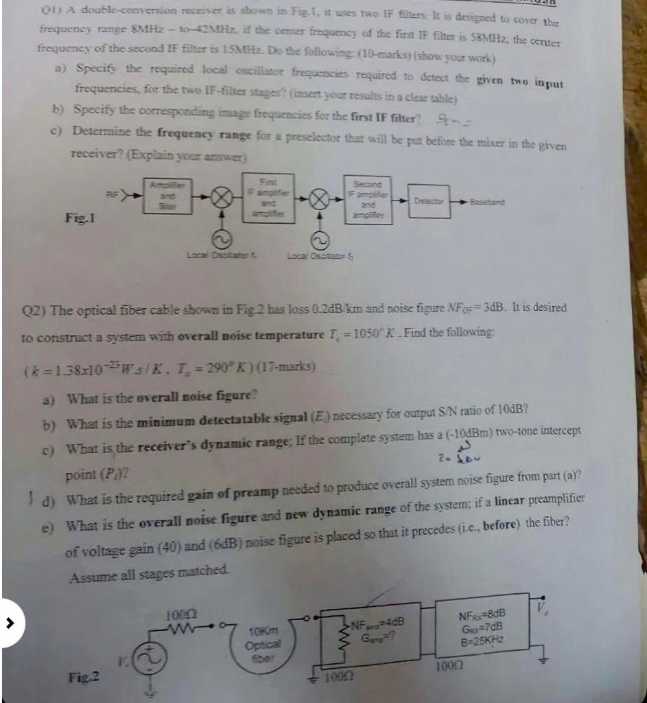 Solved Q1) A double-conversion receiver is shown in Fig.1, | Chegg.com