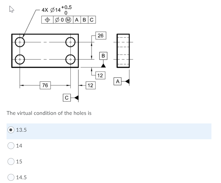 Solved a 4X Ø14*0.5 0 • OOM ABC 26 + + B 12 А. 76 12 с The | Chegg.com