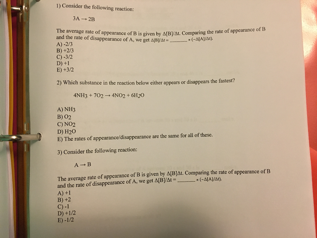 Solved 1) Consider the following reaction: 3A 2B The average | Chegg.com
