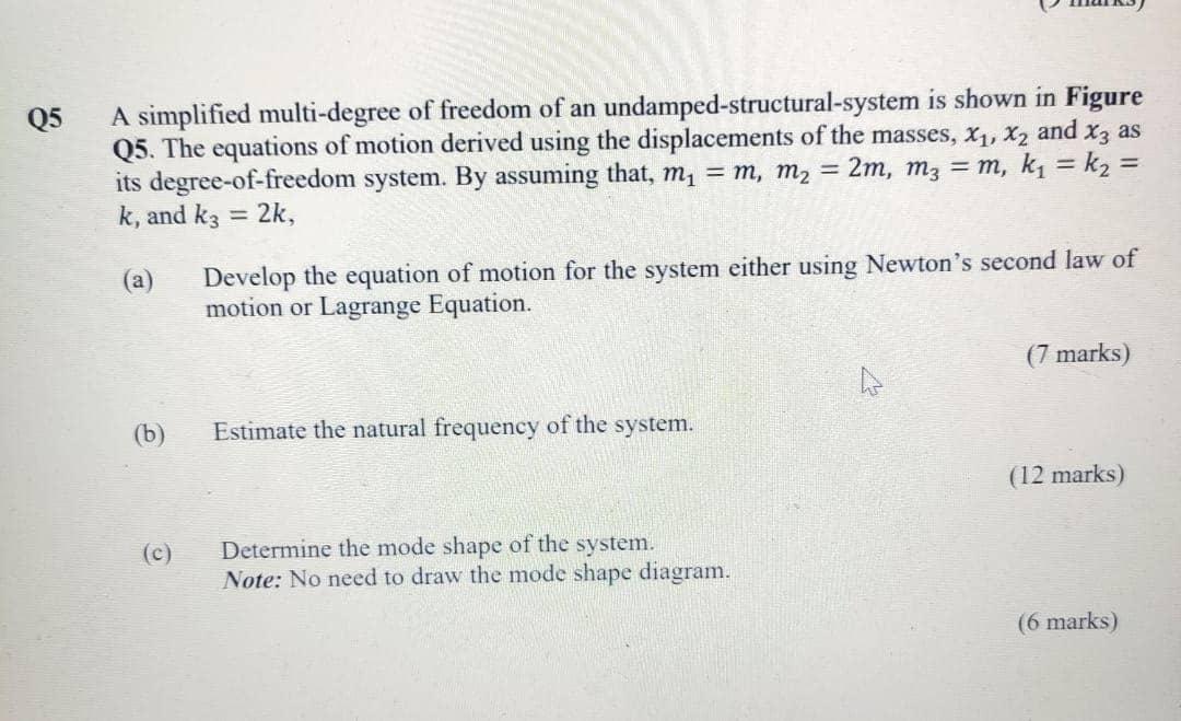 Solved Q5 A simplified multi-degree of freedom of an | Chegg.com