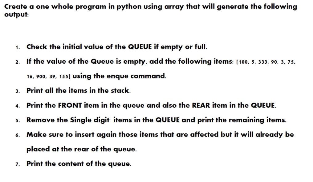 Solved Create a one whole program in python using array that | Chegg.com
