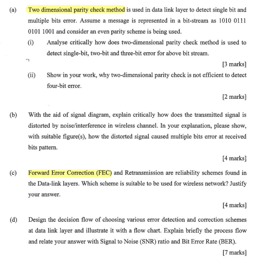 Solved (a) (b) (c) (d) Two dimensional parity check method | Chegg.com