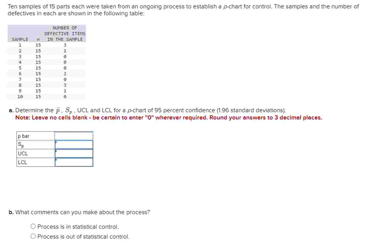 Solved a. ﻿Determine the \( \bar{p}, ﻿S_{p} \). ﻿UCL and LCL | Chegg.com