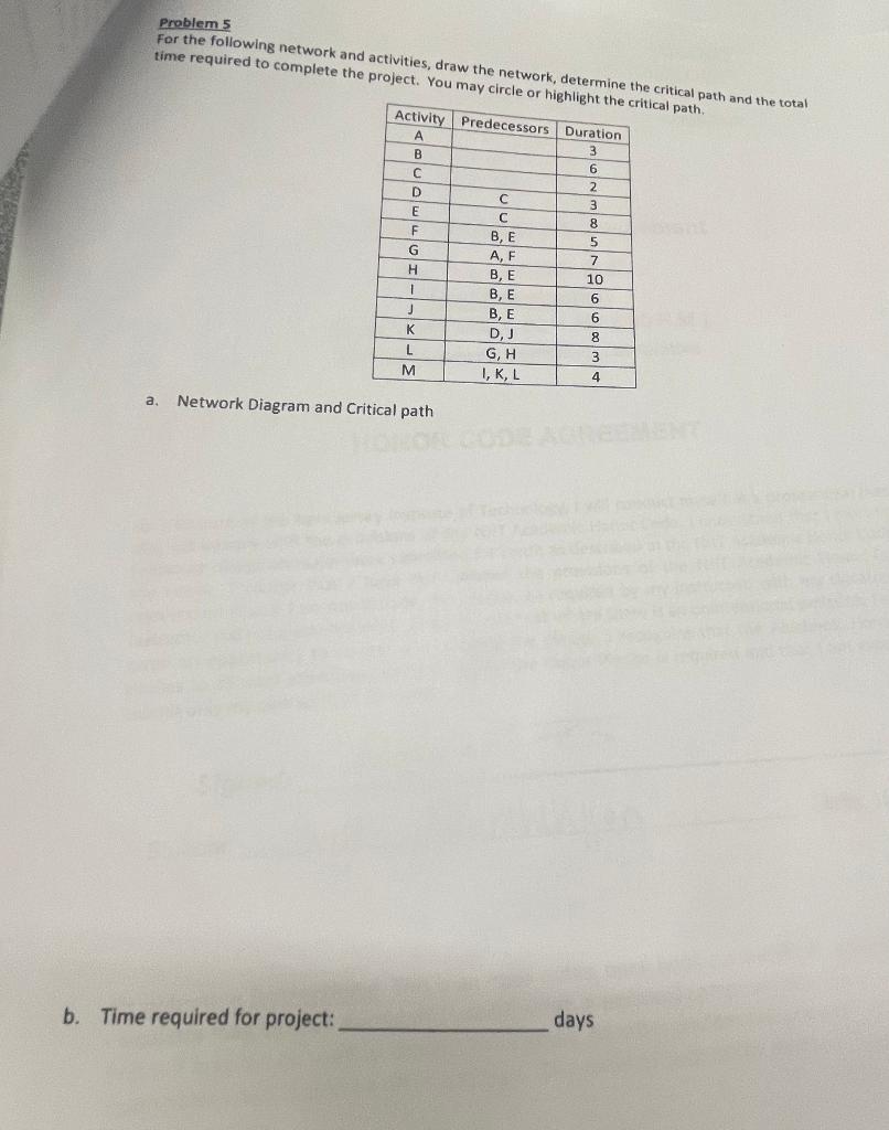 [Solved]: Problem 5 For the following network and activiti