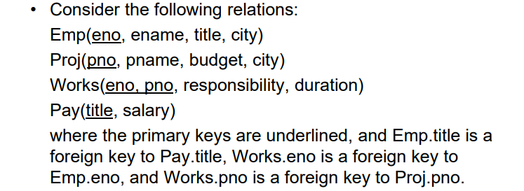 Solved Consider the following relations: Emp(eno, ename, | Chegg.com