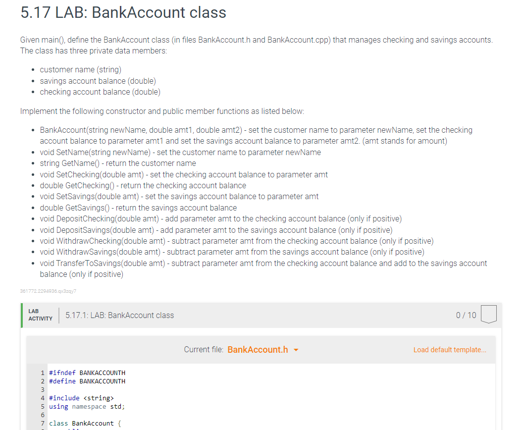 Solved 5.17 LAB: BankAccount class Given main, define the | Chegg.com