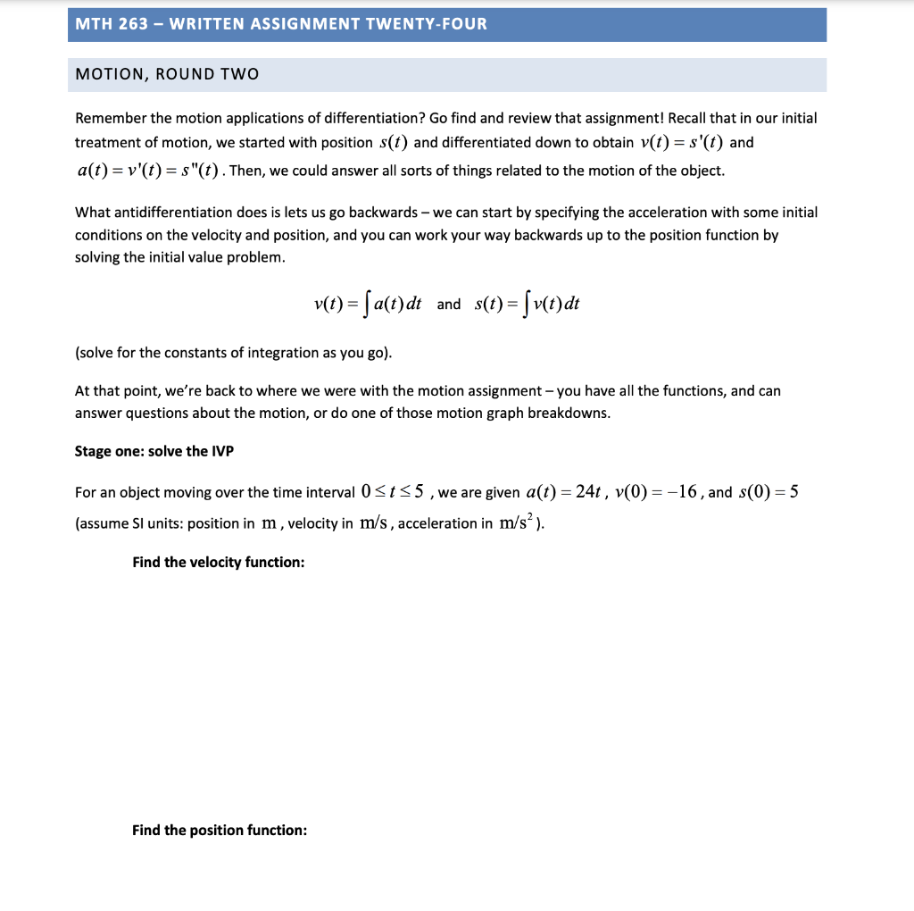 Solved MTH 263 - WRITTEN ASSIGNMENT TWENTY-FOUR MOTION, | Chegg.com