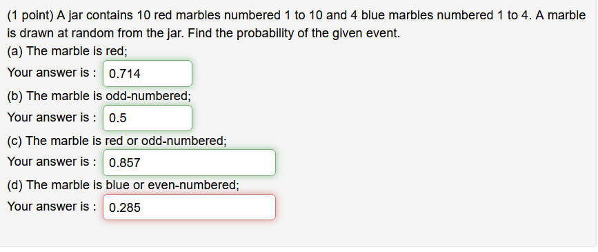 Solved (1 point) A jar contains 10 red marbles numbered 1 to | Chegg.com