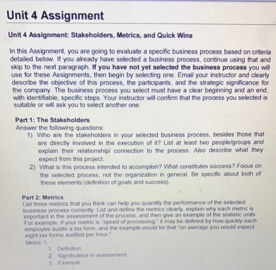 Unit 4 Assignment Unit 4 Assignment: Stakeholders, | Chegg.com