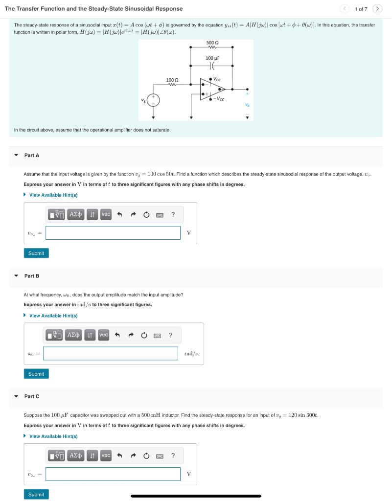Solved The Transfer Function and the Steady-State Sinusoidal | Chegg.com