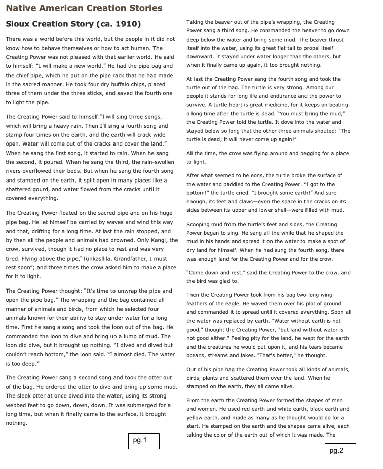 Native American Creation Stories Sioux Creation Story | Chegg.com