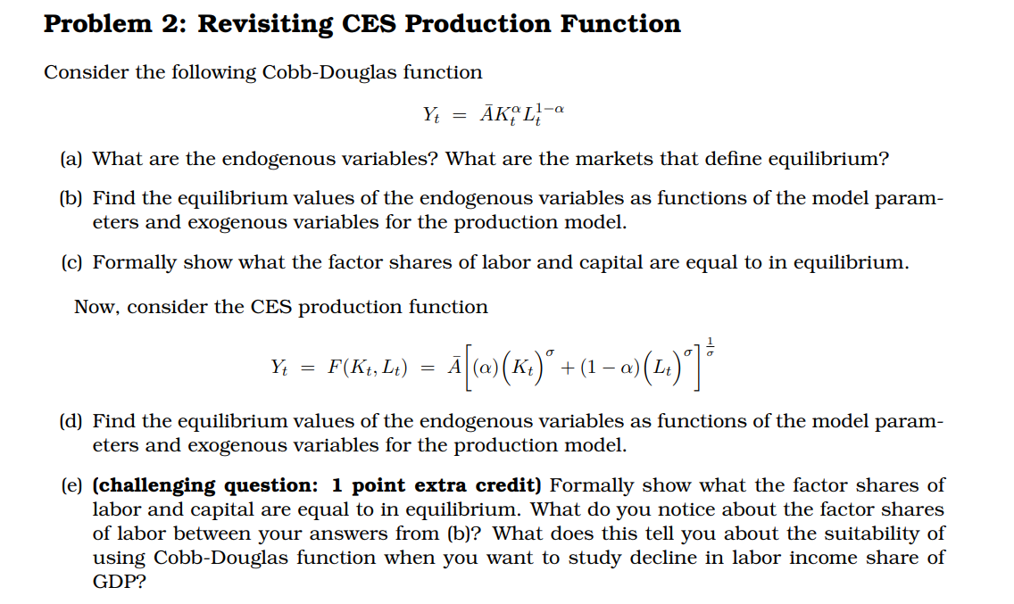 Problem 2: Revisiting CES Production Function | Chegg.com