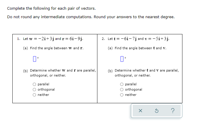 Solved Complete the following for each pair of vectors. Do | Chegg.com