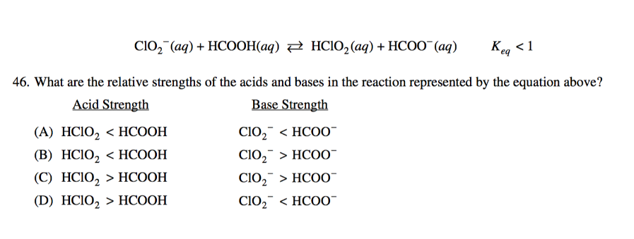 Solved ClO2-(aq) + HCOOH(aq) HCIO2 (aq) + HCOO-(aq) Keq