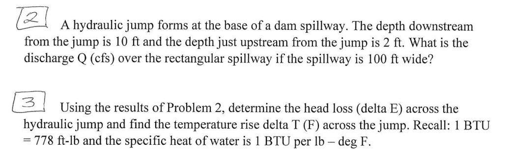 Solved 2 A hydraulic jump forms at the base of a dam | Chegg.com
