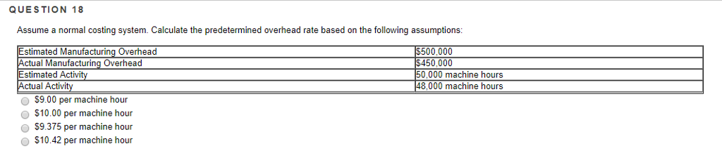 Solved QUESTION 18 Assume a normal costing system. Calculate | Chegg.com