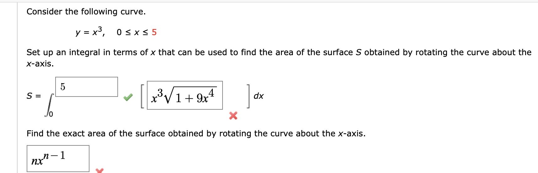 Solved Consider the following curve. y=x3,0≤x≤5 Set up an | Chegg.com