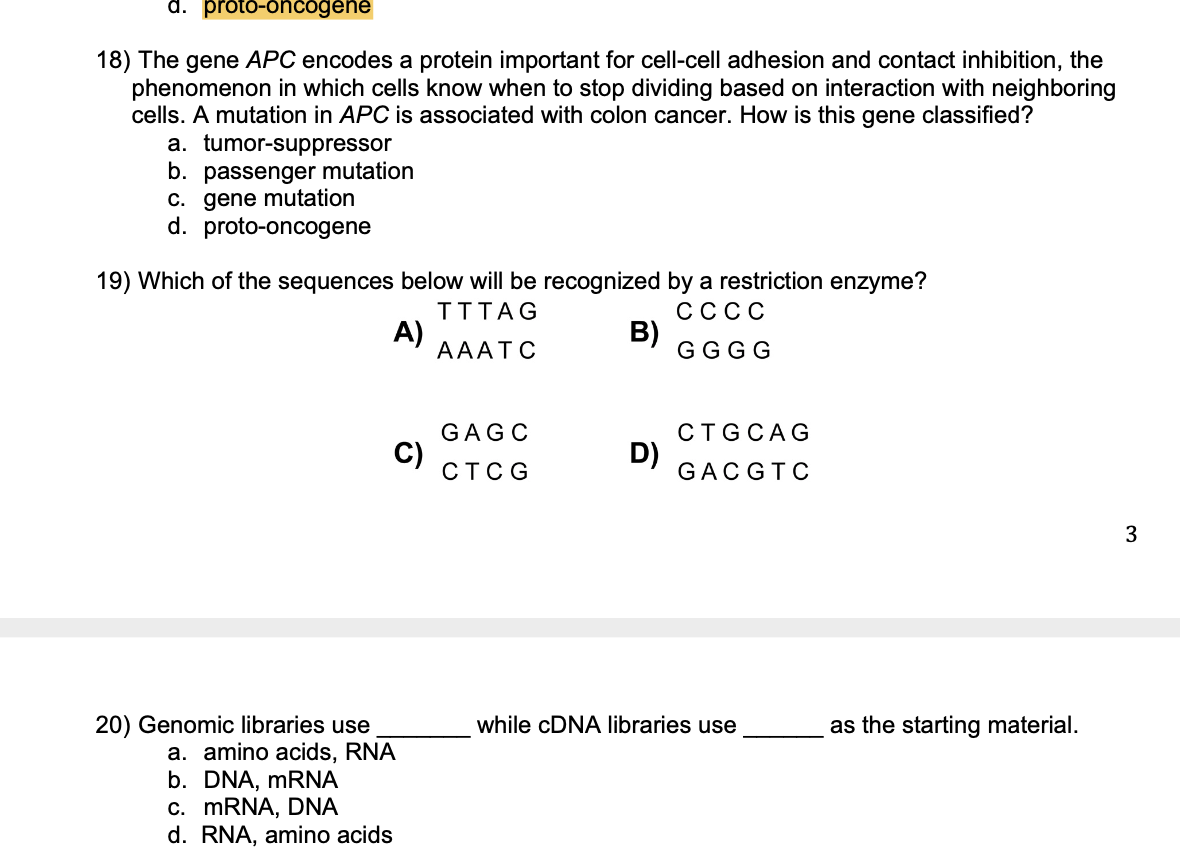 Solved d. proto-oncogene 18) The gene APC encodes a protein | Chegg.com