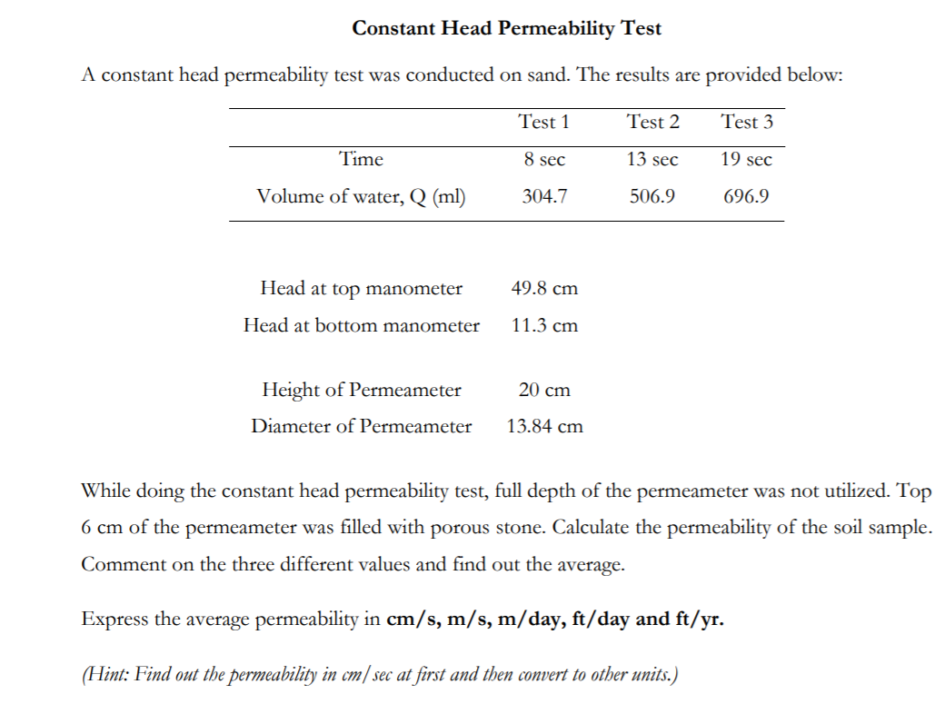 Solved Constant Head Permeability Test A constant head | Chegg.com