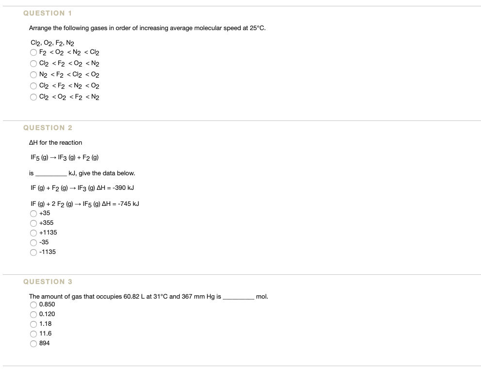 Solved QUESTION Arrange the following gases in order of | Chegg.com