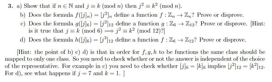 Solved 3. a) Show that if n∈N and j≡k(modn) then | Chegg.com