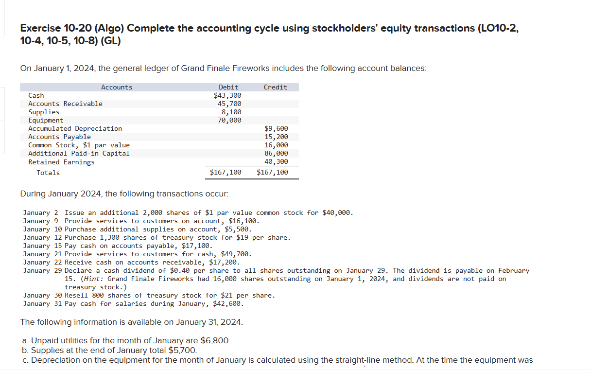 Solved Exercise 10-20 (Algo) Complete the accounting cycle | Chegg.com