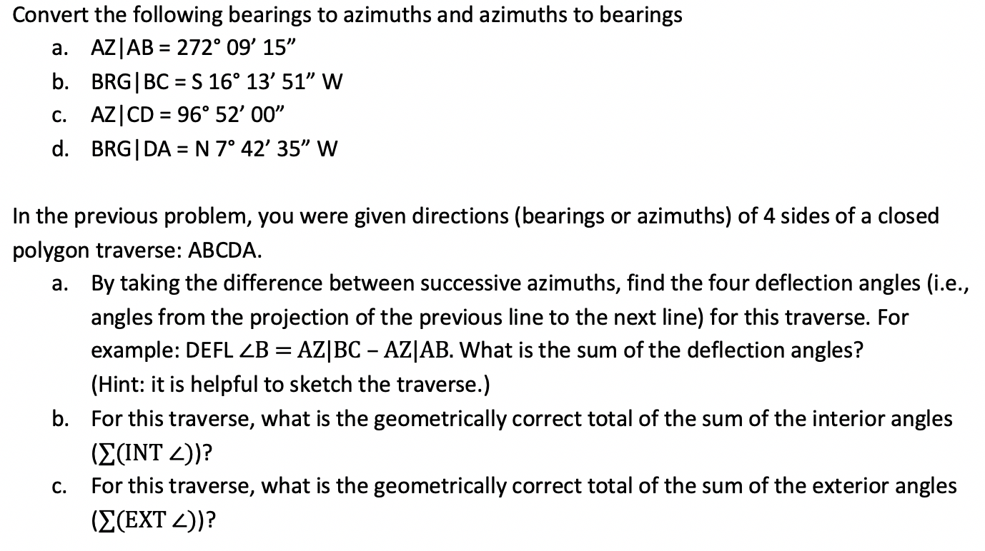 Solved Convert the following bearings to azimuths and | Chegg.com