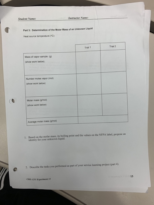 Student Name: Instructor Name: CALCULATIONS Part 2: | Chegg.com