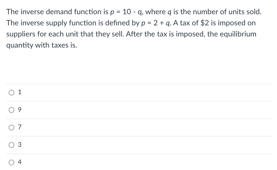 Solved The inverse demand function is \\( p=10-q \\), where | Chegg.com