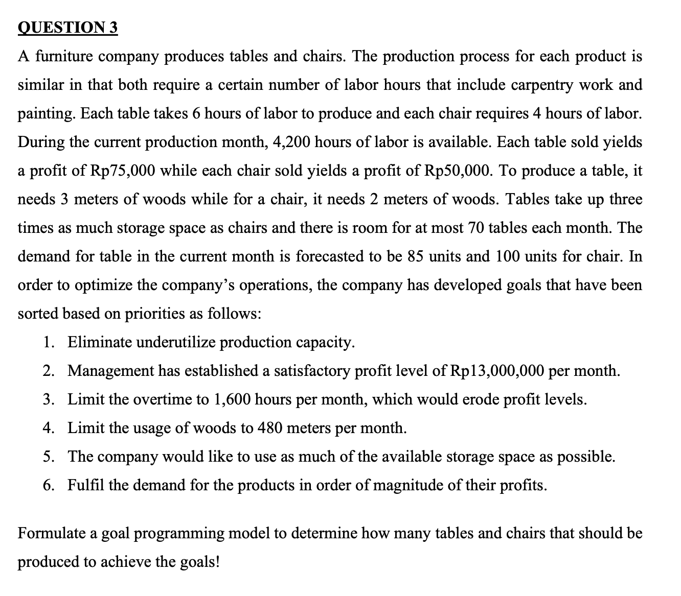 Solved QUESTION 3 A furniture company produces tables and | Chegg.com