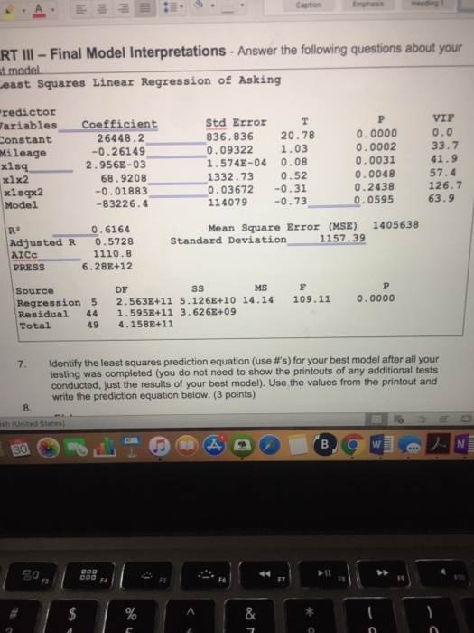 Solved RT III - Final Model Interpretations-Answer the | Chegg.com