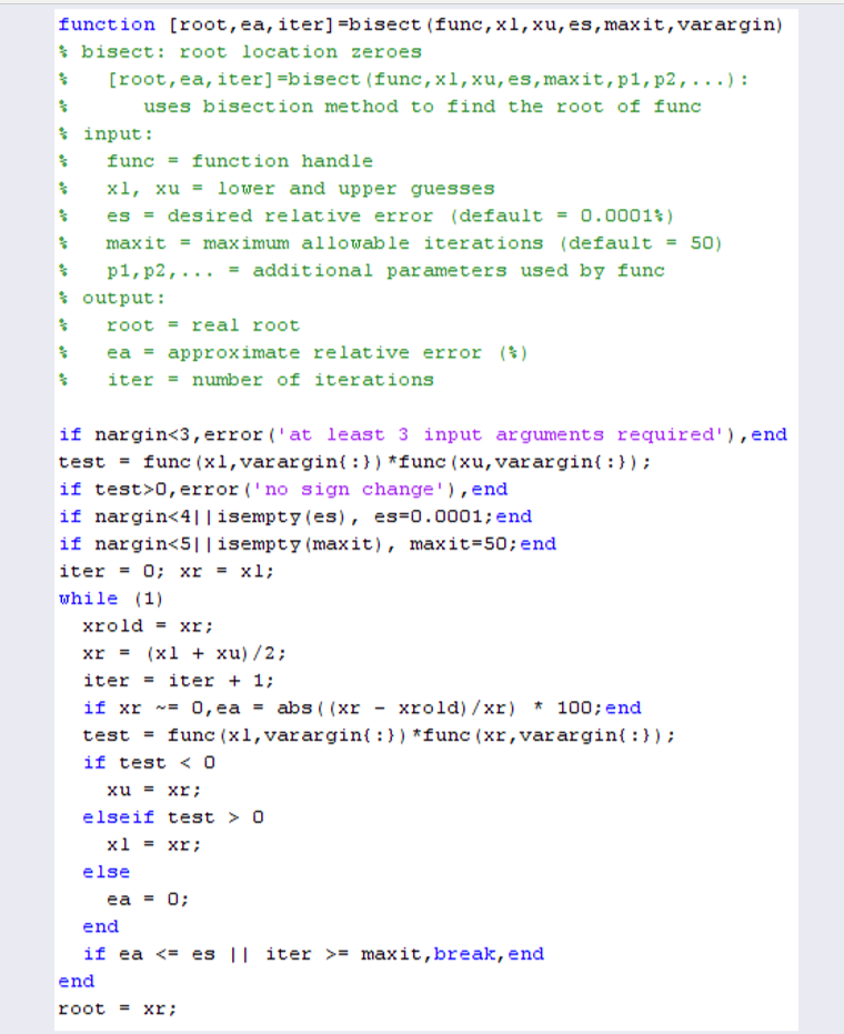 Function [root Ea Iter] Bisect Func Xl Xu